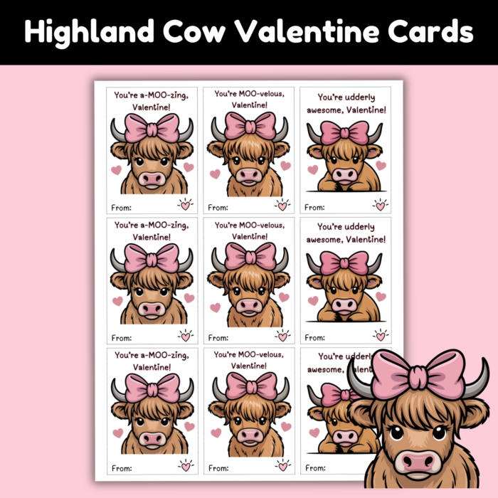 Highland Cow Valentine Cards Printable for Kids, Farm Animal Valentines ...