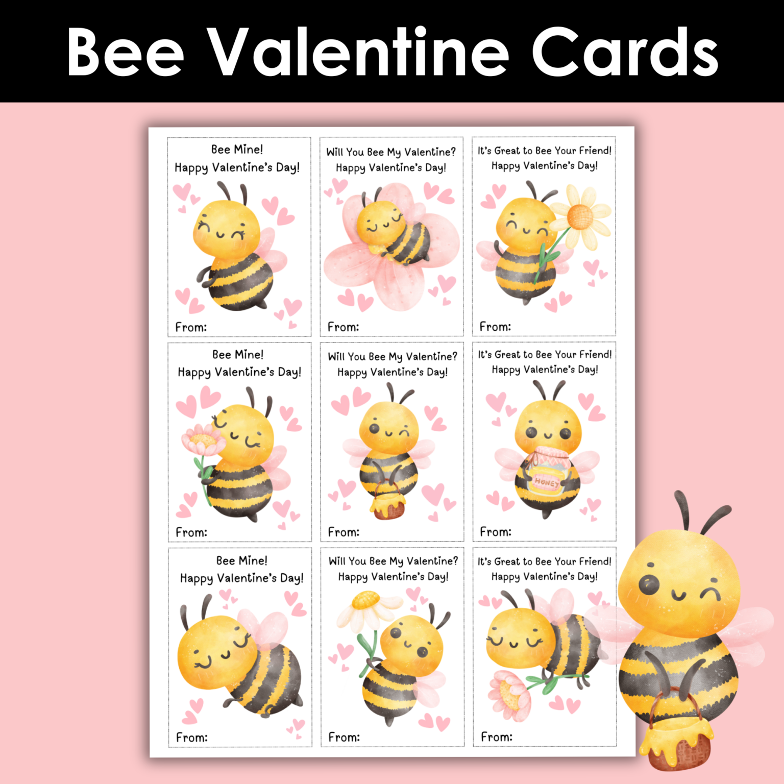 Bee Valentine Cards Printable for Kids – Fun Classroom and Friend ...